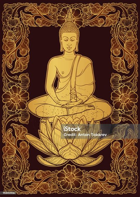 부 다는 연꽃에 앉아서 단일 로터스 위치에 명상 장식 직사각형 태국 스타일 프레임입니다 어두운 갈색 바탕에 고립 된 골든 선형 드로잉 부처 불교에 대한 스톡 벡터 아트 및