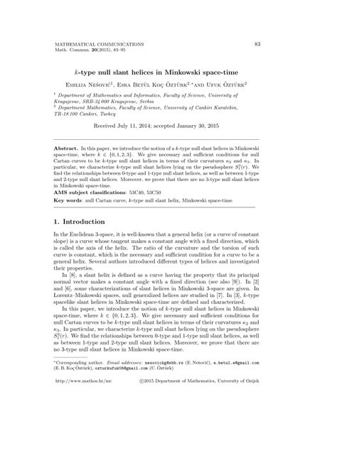 Pdf K Type Null Slant Helices In Minkowski Space Time