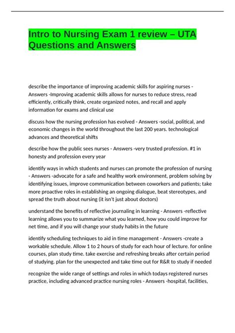 Intro To Nursing Exam 1 Review Uta Questions And Answers Uta