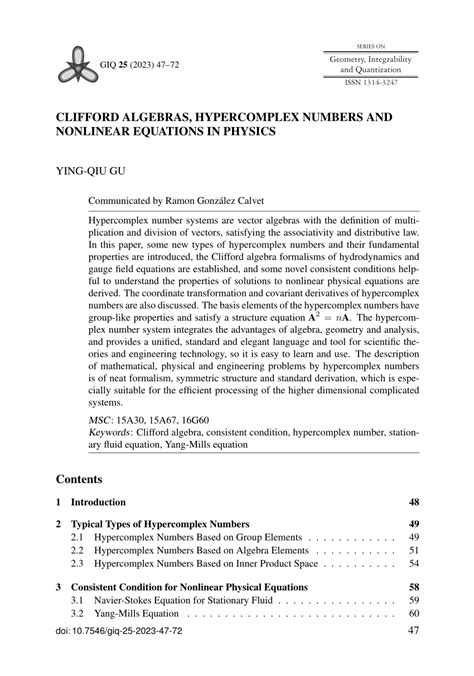 Pdf Clifford Algebras Hypercomplex Numbers And Nonlinear Equations In Physics
