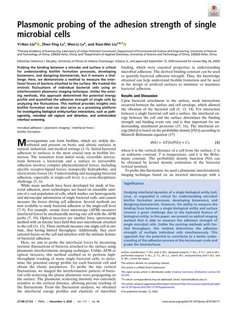 Pdf Plasmonic Probing Of The Adhesion Strength Of Single Microbial Cells