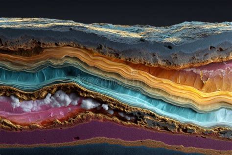 Cross Section Of Colorful Mineral Layers Including Uranium And Quartz Geological Analysis Setup