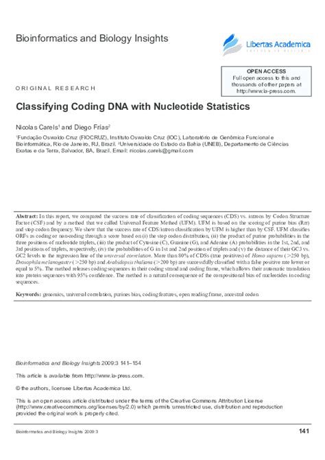 Pdf Classifying Coding Dna With Nucleotide Statistics