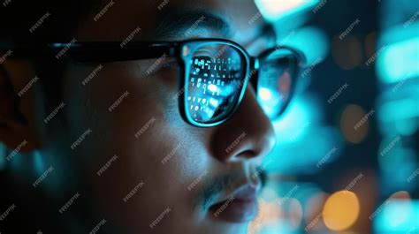 Premium Photo Asian Programmer Man And Reflection In Glasses Focus