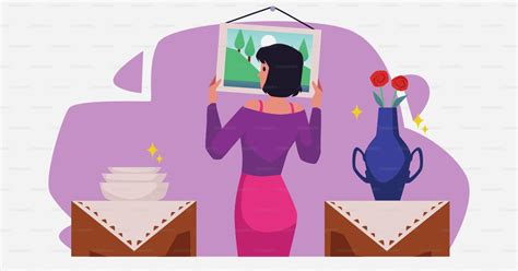 젊은 여자는 벽에 그림을 걸고 하얀 배경에 분리된 벡터 삽화를 그린다 완벽주의 캐릭터 반짝이는 접시와 꽃병 사진 Unsplash의 여자 이미지