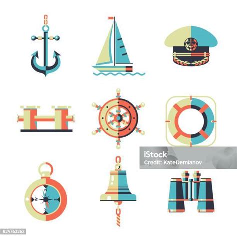 바다 산책 요트 바다의 나머지입니다 요트 나침반 쌍안경 등 대 배의 종 배 바퀴 나침반 모자 선장 생활 부 표 벡터 아이콘 설정합니다 0명에 대한 스톡 벡터 아트 및 기타