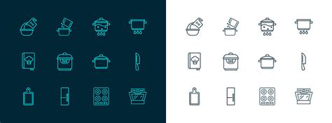 불에 선 요리 냄비 냉장고 가스 렌지 슬로우 쿠커 계량 컵과 그릇 및 향신료 아이콘을 설정합니다 벡터 다목적 쿠커에 대한 스톡