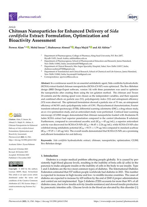 Pdf Chitosan Nanoparticles For Enhanced Delivery Of Sida Cordifolia Extract Formulation
