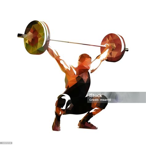 역도 리프팅 큰 바벨 고립 된 낮은 다각형 벡터 그림 기하학적 드로잉 로우 폴리곤 모델링에 대한 스톡 벡터 아트 및 기타 이미지