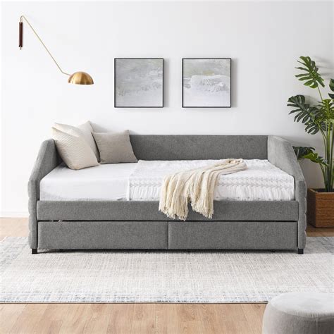 Queen Size Upholstered Daybed With Pull Out Trundle And Storage Drawers Grey