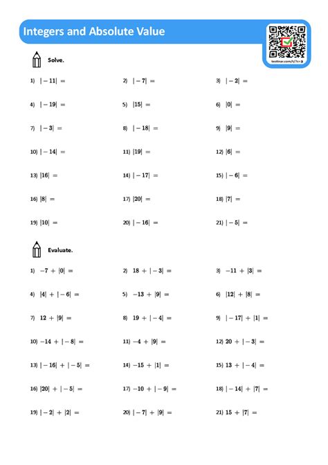 Subtraction And Absolute Value Printable Math Worksheets Worksheets