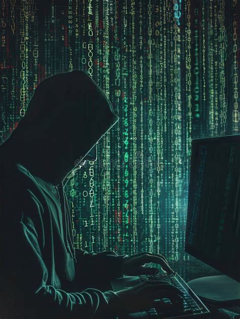 A Hacker In A Hoodie Intently Works On A Computer With A Large Screen