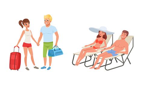 여름 휴가 세트에 여행 하는 행복 한 커플 젊은 남자와 여자 수하물와 함께 서 하 고 라운저 벡터 일러스트에서 열대 해변에서 휴식 개체 그룹에 대한 스톡 벡터 아트 및 기타