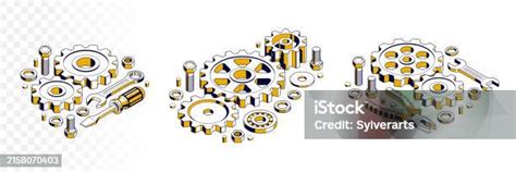 수리 및 유지 보수 개념 세트 기술 서비스 3d 등각 투영 벡터 일러스트레이션의 기어 및 도구 기술 기계 작업장 3차원 형태에
