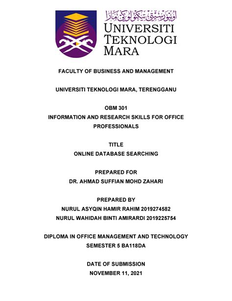 Obm301 Assignment 1 Online Database Searching Faculty Of Business And Management Universiti