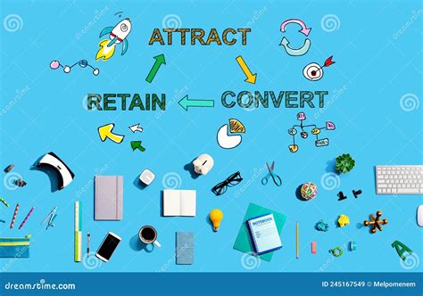 Attract Convert Retain Concept With Electronic Gadgets And Office Supplies Stock Image Image
