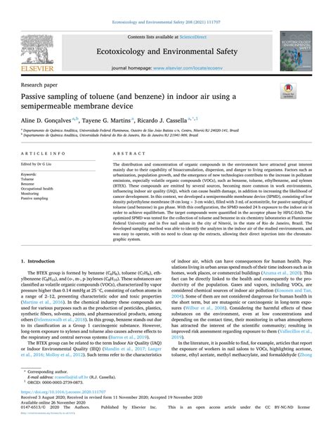 Pdf Passive Sampling Of Toluene And Benzene In Indoor Air Using A