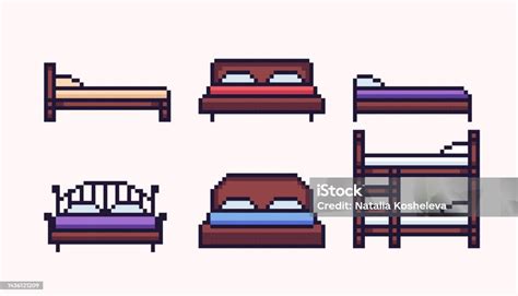 침실 가구 픽셀 아트 세트 싱글 및 더블 침대 컬렉션 8 비트 스프라이트 모자이크 처리에 대한 스톡 벡터 아트 및 기타 이미지