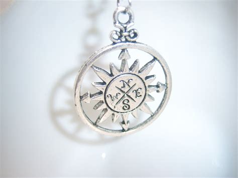 Antique Silver Compass Necklace Sun Compass Steampunk Necklace Wiccan