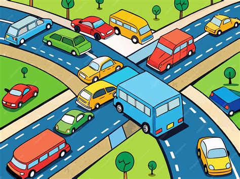A Cartoon Illustration Of A Traffic Jam With Cars And A Bus On The Road