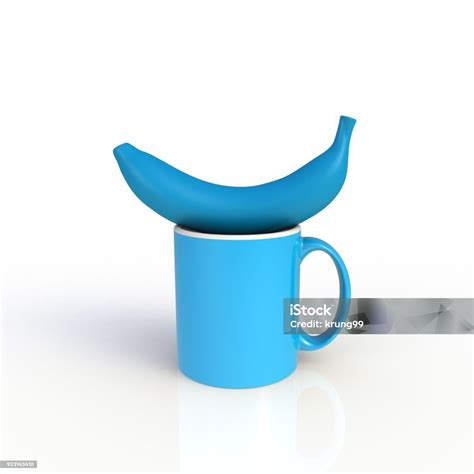 흰색 배경에 고립 된 블루 커피 컵과 바나나 응용 프로그램 디자인에 대 한 서식 파일을 비웃는 다 전시 장비입니다 로고의 배치에 대 한 서식 파일을 설정 합니다 3d