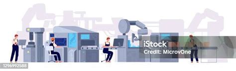 생산 라인 컨베이어 벨트 산업 기계 및 공장 근로자를 제조합니다 만화 제품 조립 프로세스 완전 벡터 개념 제조에 대한 스톡 벡터