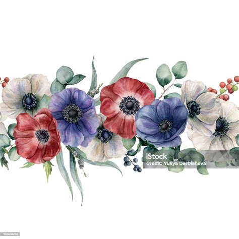수채화의 원활한 수평 꽃 테두리입니다 손으로 그린 부케 흰색 빨간색과 파란색 네모 유칼립투스 잎 및 지점 흰색 배경에 고립의 열매 식물 그림 0명에 대한 스톡 벡터 아트 및