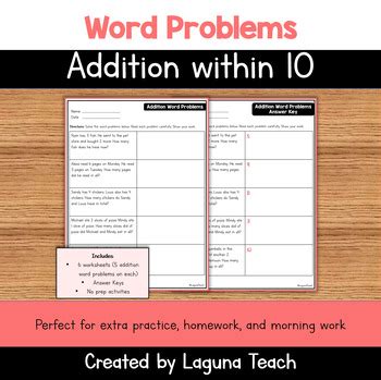 Addition Word Problems Within 10 One Step Word Problems By Laguna Teach