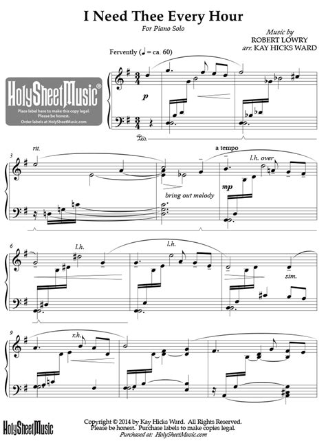 I Need Thee Every Hour Piano Solo Ward Holy Sheet Music
