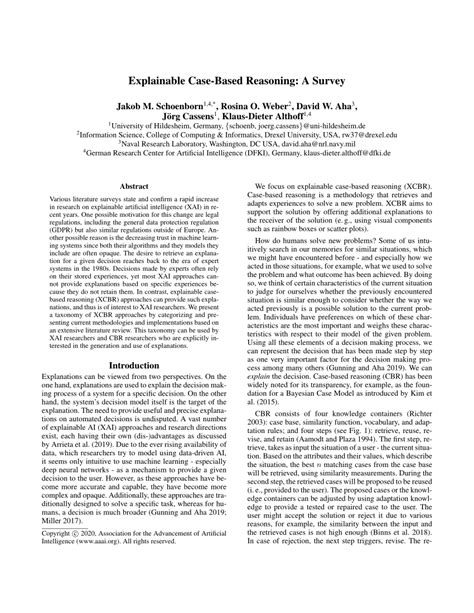 Pdf Explainable Case Based Reasoning A Survey