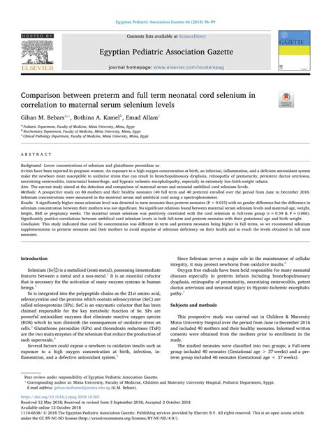 Pdf Comparison Between Preterm And Full Term Neonatal Cord Selenium In Correlation To Maternal