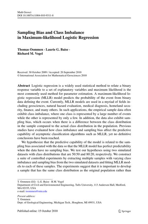 pdf sampling bias and class imbalance in maximum likelihood logistic regression