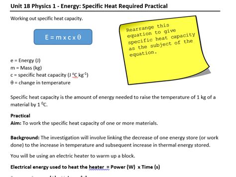 AQA Required Practical Specific Heat Capacity Worksheet Teaching Resources