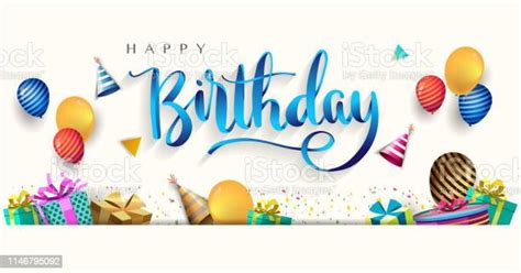 생일 축 하에 대 한 풍선 색종이와 선물 상자 디자인 서식 파일 인사말 카드와 포스터에 대 한 행복 한 생일 타이포 그래피 벡터 디자인 생일에 대한 스톡 벡터 아트 및 기타