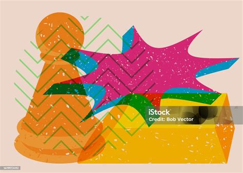 폰 체스 조각이 있는 다채로운 기하학적 모양 트렌디한 리소 그래프 디자인의 오브제 기하학 요소 추상 리소그래프 인쇄 질감 스타일 체스 말에 대한 스톡 벡터 아트 및 기타