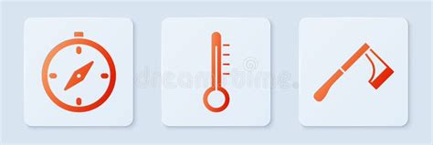 Set Meteorology Thermometer Compass And Wooden Axe White Square