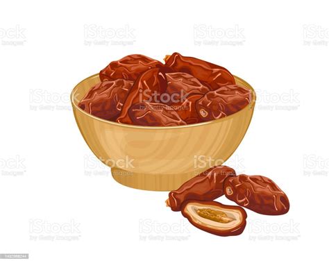 흰색 배경에 고립 된 나무 그릇에 과일을 데이트합니다 달콤한 말린 과일의 벡터 만화 일러스트레이션 갈색에 대한 스톡 벡터 아트 및 기타 이미지 Istock