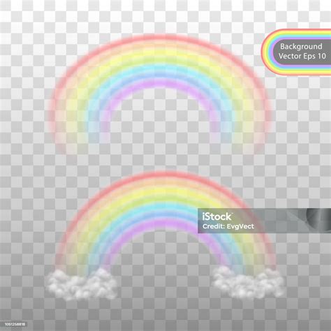 투명 한 바탕에 무지개입니다 구름에 섬세 한 컬러 팔레트에는 아치 형태로 현실적인 무지개 효과 화려한 디자인 요소에 대 한 여름 상징의 벡터 그림 0명에 대한 스톡 벡터