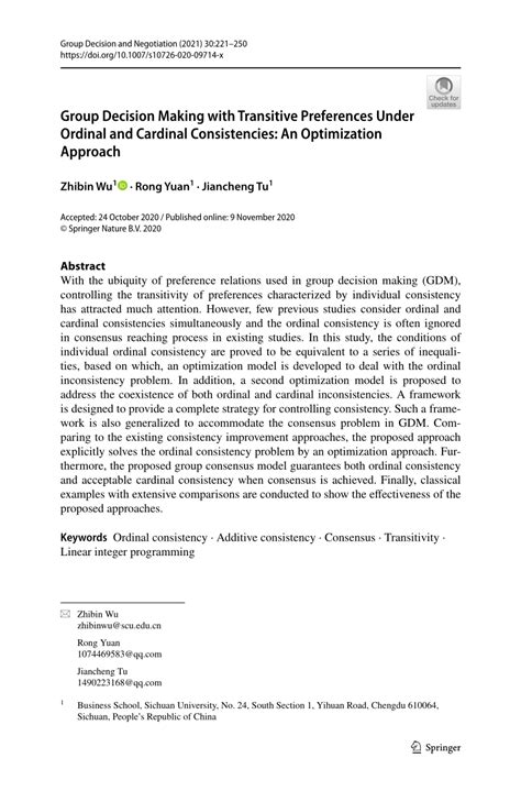 Pdf Group Decision Making With Transitive Preferences Under Ordinal And Cardinal Consistencies