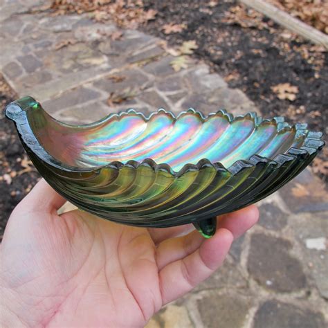 Antique Westmoreland Teal Carnival Glass Footed Shell Dish Large