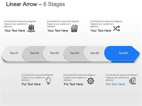 Six Staged Linear Arrow Process Flow Diagram Powerpoint Template Slide PowerPoint Presentation