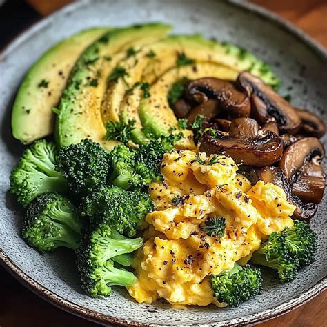Creamy Scrambled Eggs With Avocado Sautéed Mushrooms And Broccoli