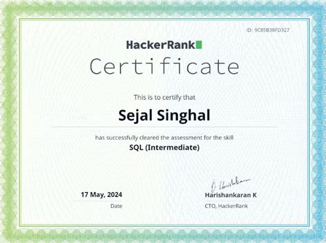 earned sql intermediate certificate with hackerrank sejal singhal
