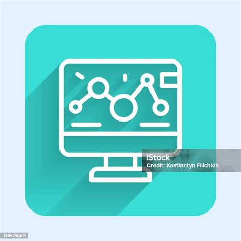 긴 그림자로 격리 된 노트북 아이콘에 흰색 라인 유전 공학 수정 Dna 분석 유전학 검사 복제 녹색 정사각형 버튼입니다 벡터