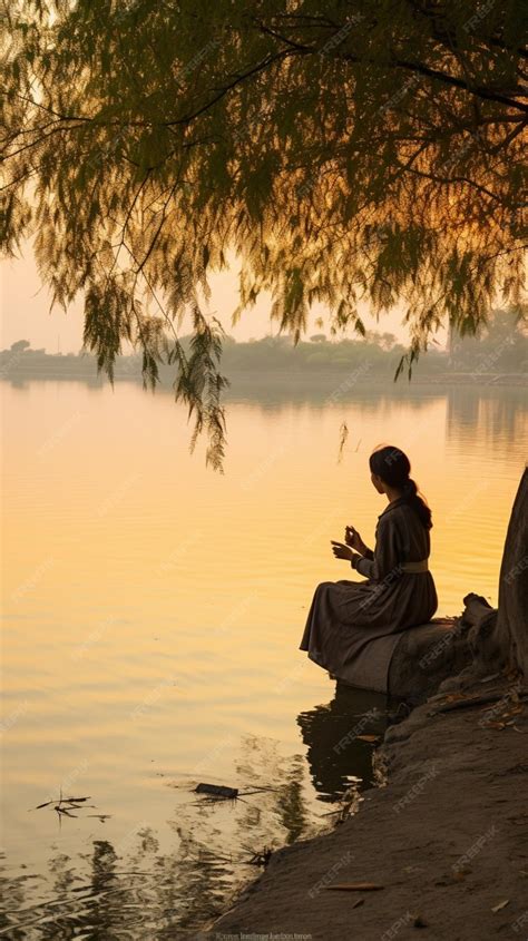 Premium Ai Image Alone Girl Sitting Lakeside Evening Nature Wallpaper