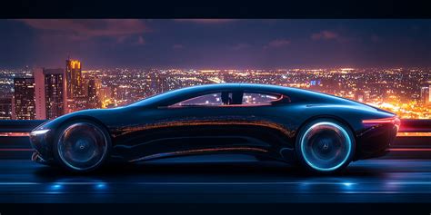 가로로 긴 캔버스에 현대적인 디자인의 세단 자동차 매끄러운 곡선과 반짝이는 메탈릭 바디 도시의 야경을 배경으로 한 고속도로 위를 달리는 모습 전조등이 밝게 빛나고 휠이