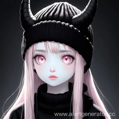 Teenage Girl with Rosy Cheeks and Black Demon Horns Knitted Hat | AI ...