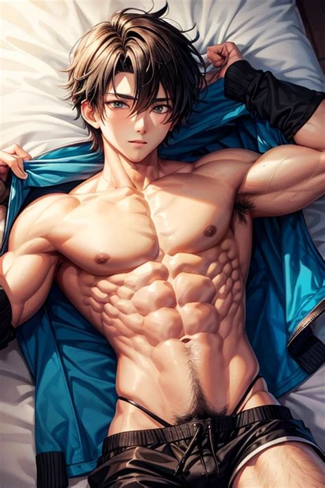 Hot Anime Boy Pulling His Pants Down And Shows Hairy Belly Button And