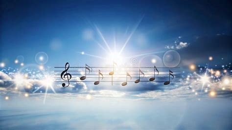 Music Notes In A Blue Sky With The Sun Shining Through Clouds Stock