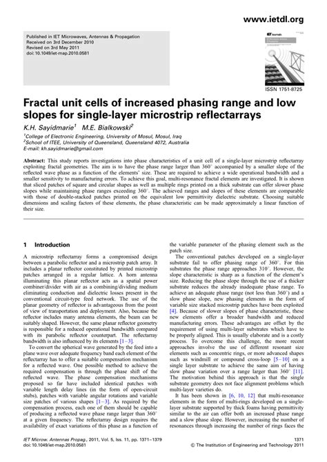 Pdf Fractal Unit Cells Of Increased Phasing Range And Low Slopes For Single Layer Microstrip